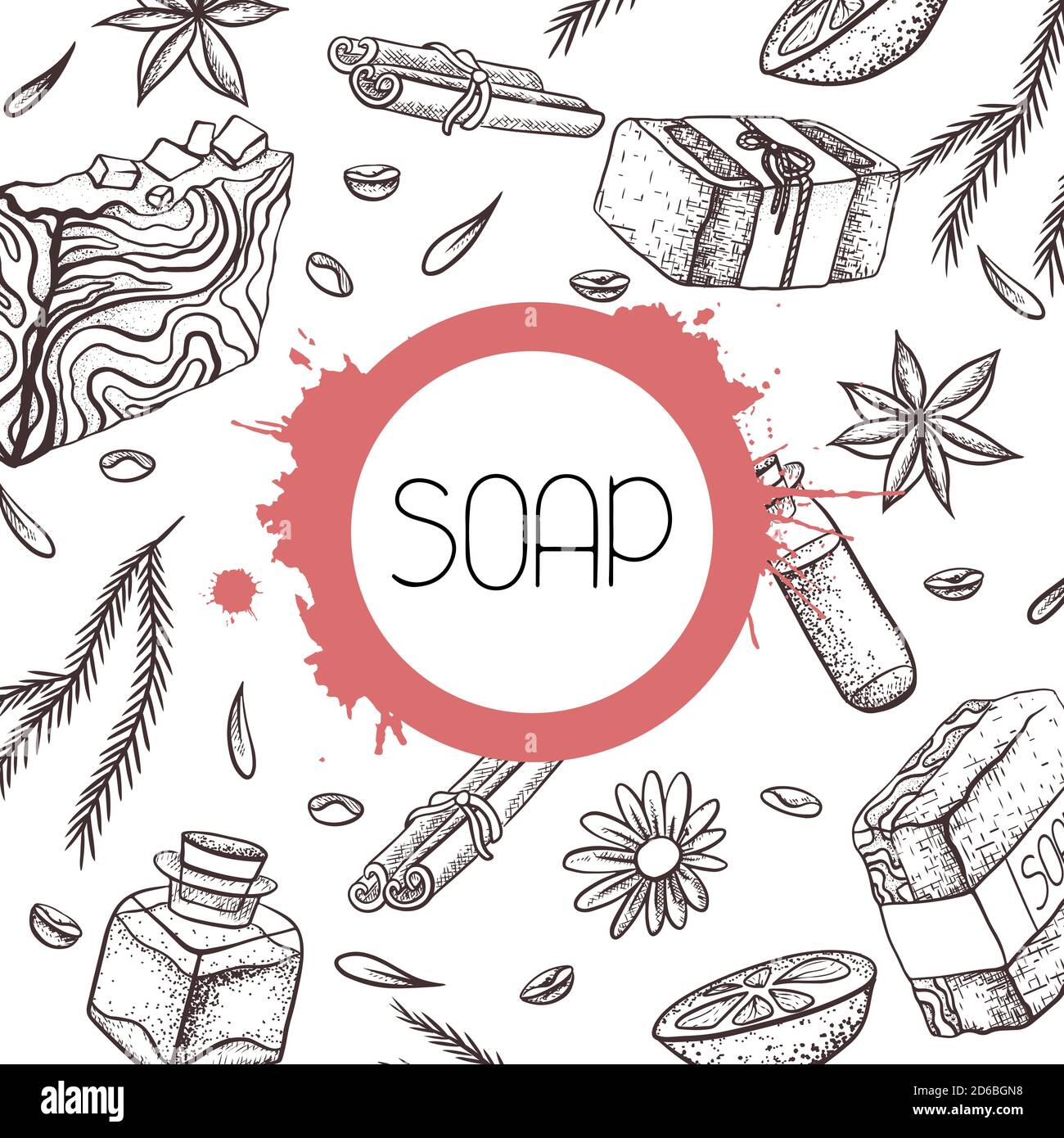 Square card with sketch drawing of handmade soap and watercolor splash ...