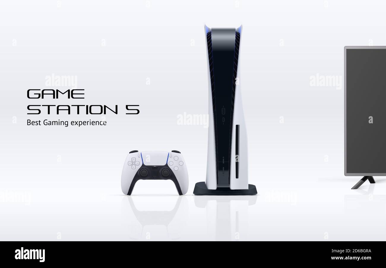 Gaming poster concept. Vector playstation console with gamepad, TV with ...