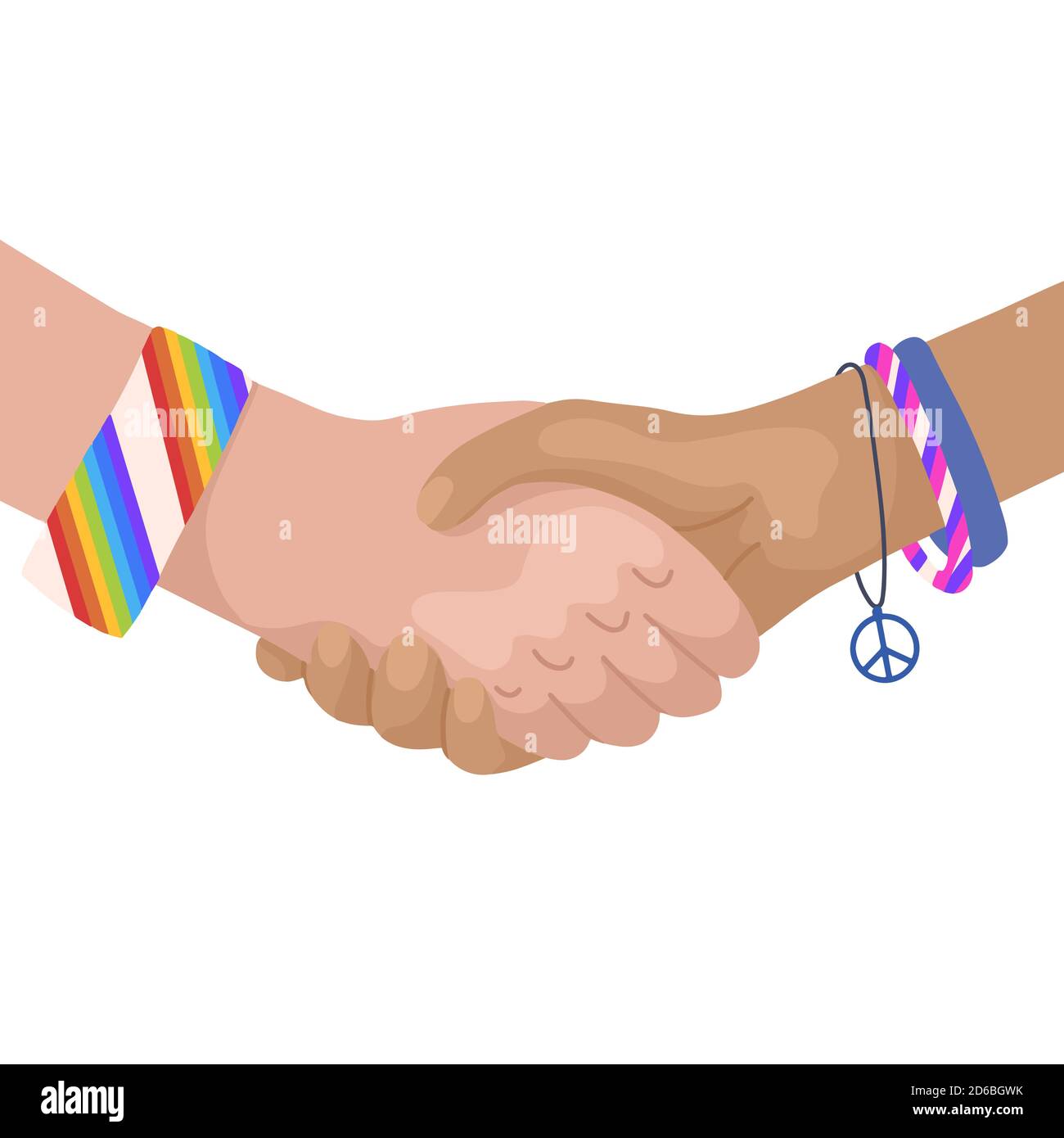 Vector flat illustration of shaking hands with rainbow bracelets ... Vector flat illustration of shaking hands with rainbow bracelets ...