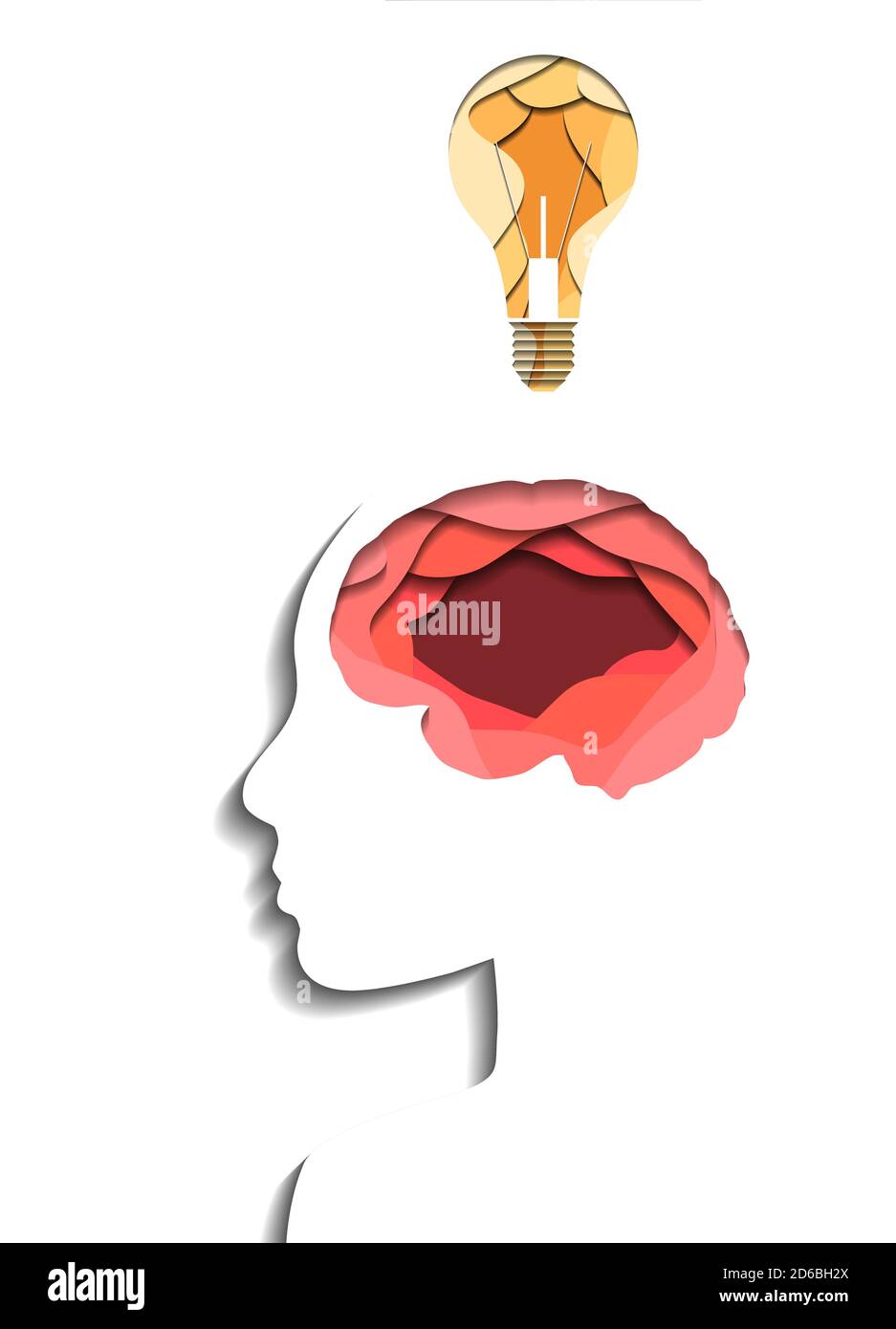 Layered human profile, brain and light bulb cut out of paper on white ...