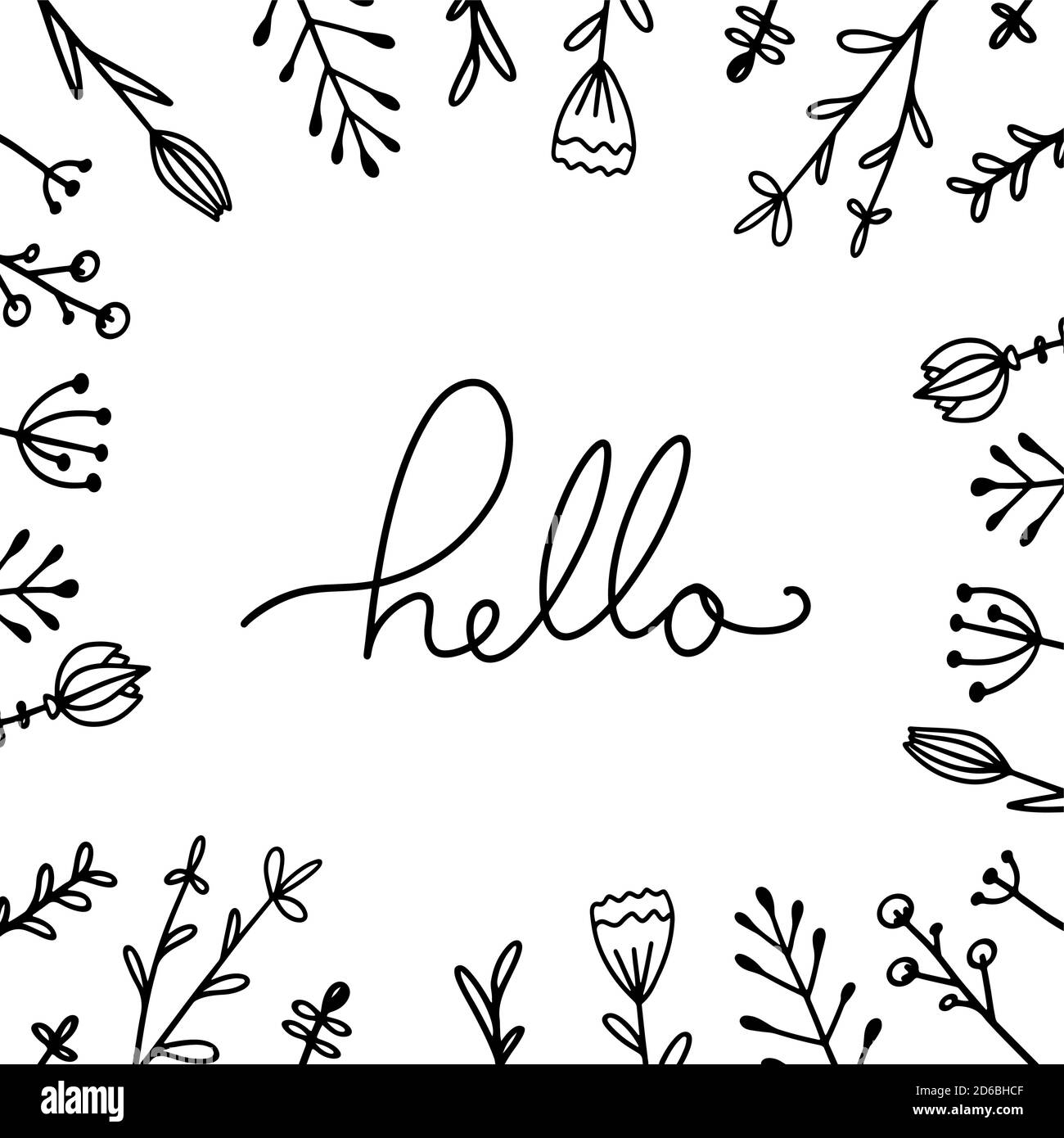 Hello handwritten Lettering with doodle flowers. Square greeting card ...