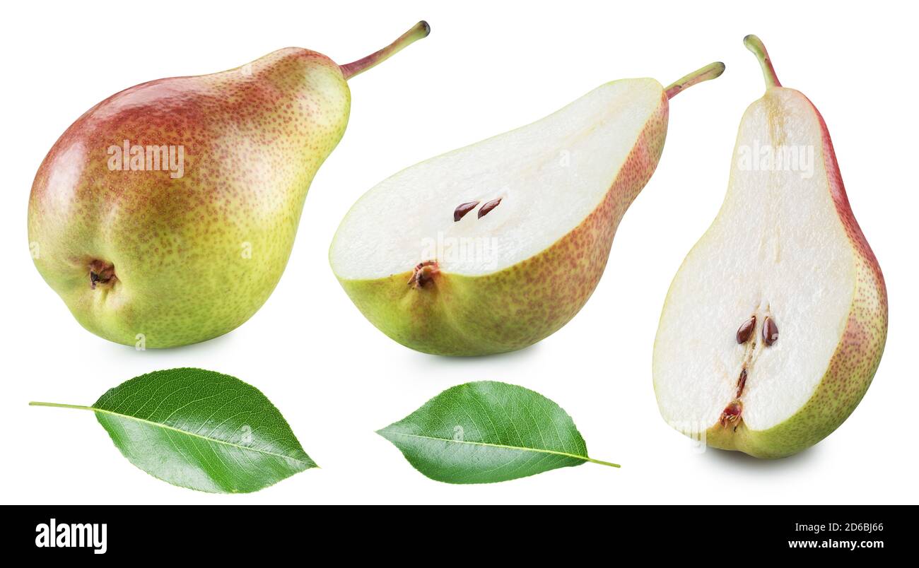 Ripe pear half of pear and pear leaves on white background. File ...