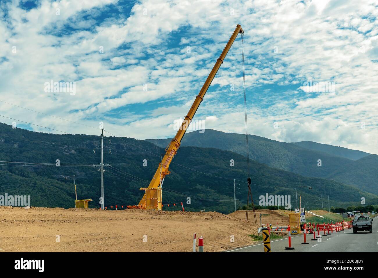 June 2020: A crane working on building a new highway construction Stock ...