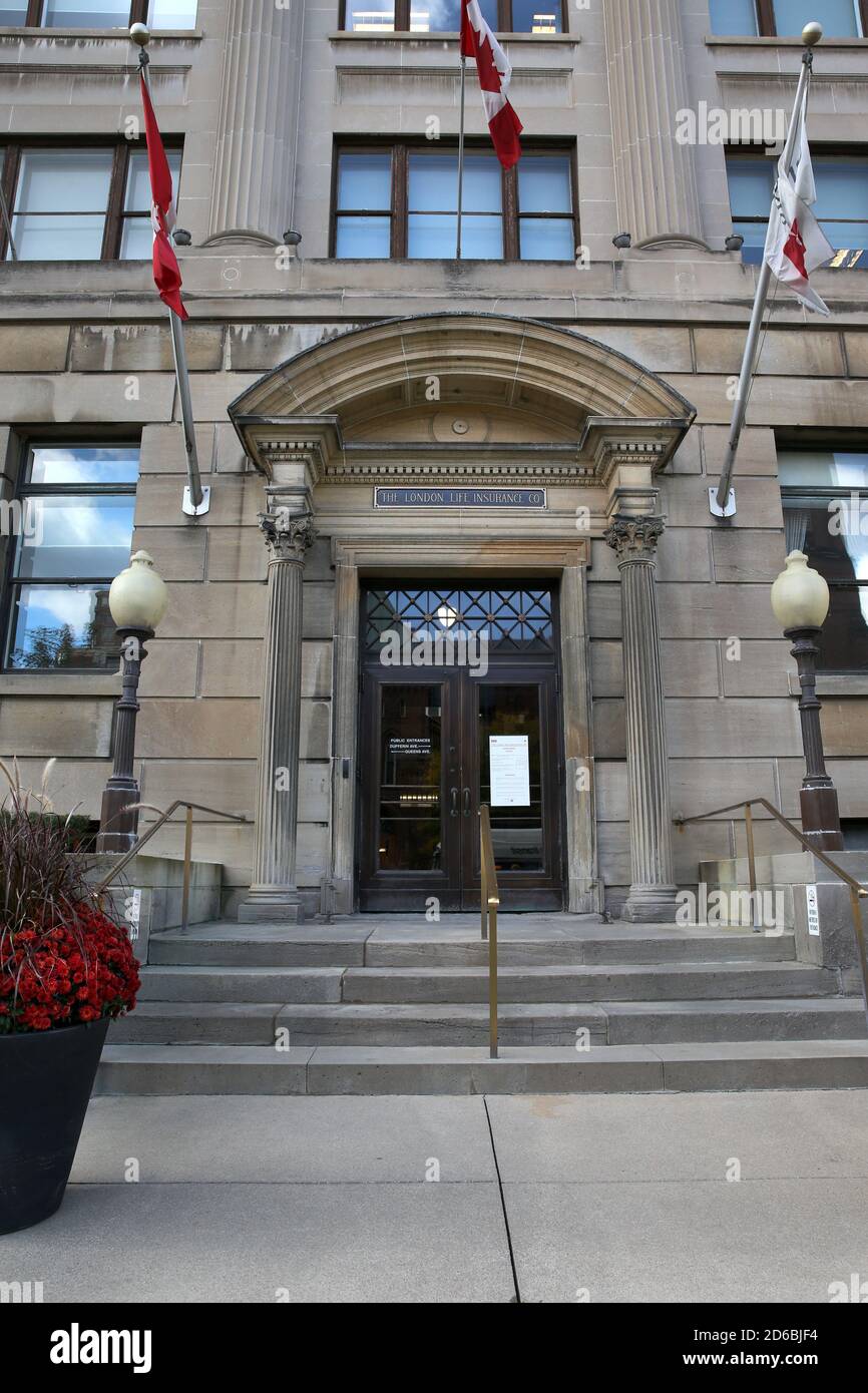 Oct 8 2020, London Ontario Canada. London Life building entrance sign ...