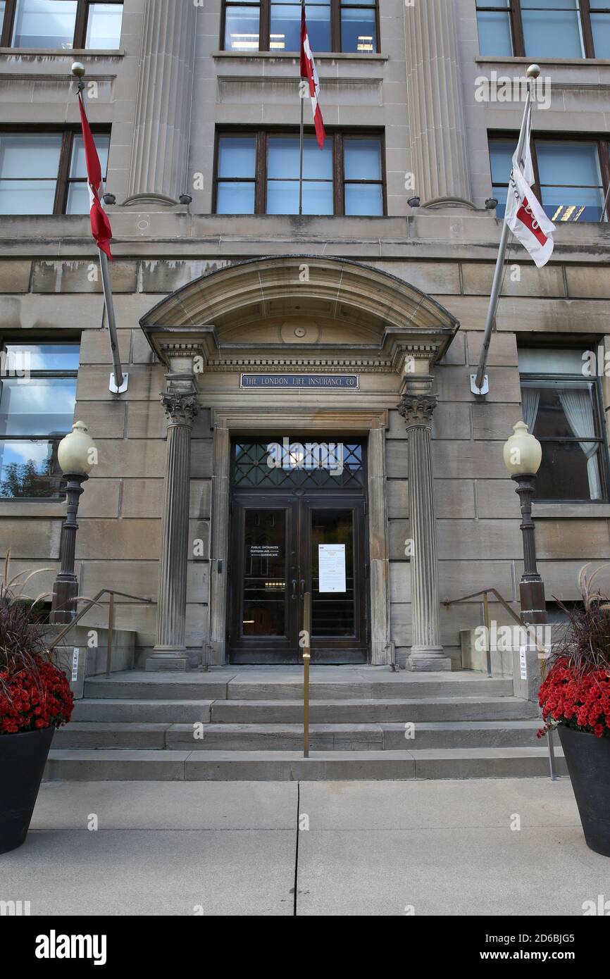 Oct 8 2020, London Ontario Canada. London Life building entrance sign ...