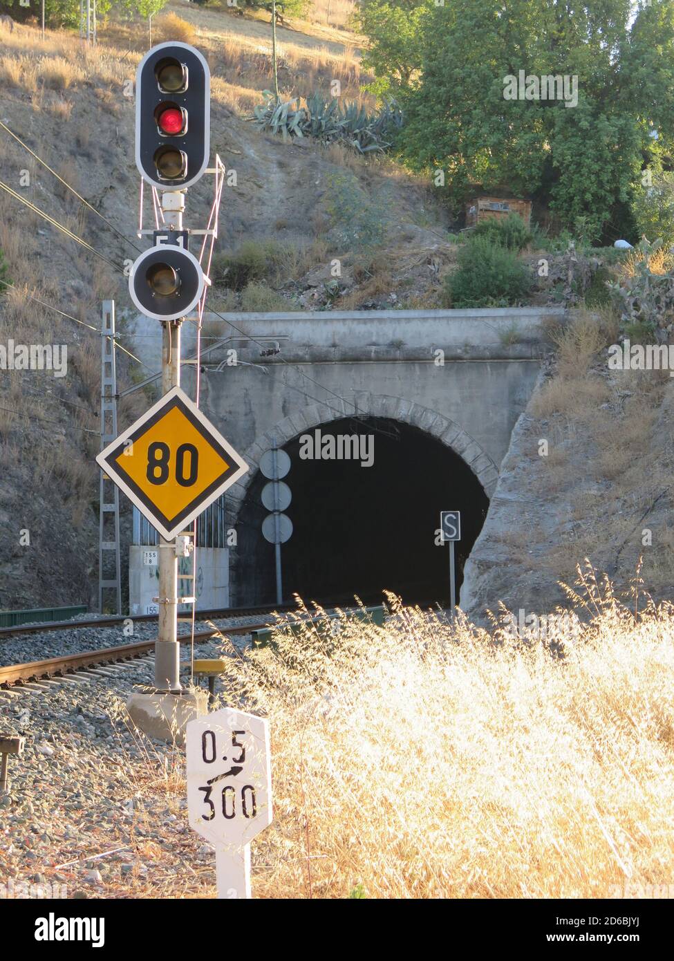 Signal lights, speed restriction and distance marker at railway tunnel ...