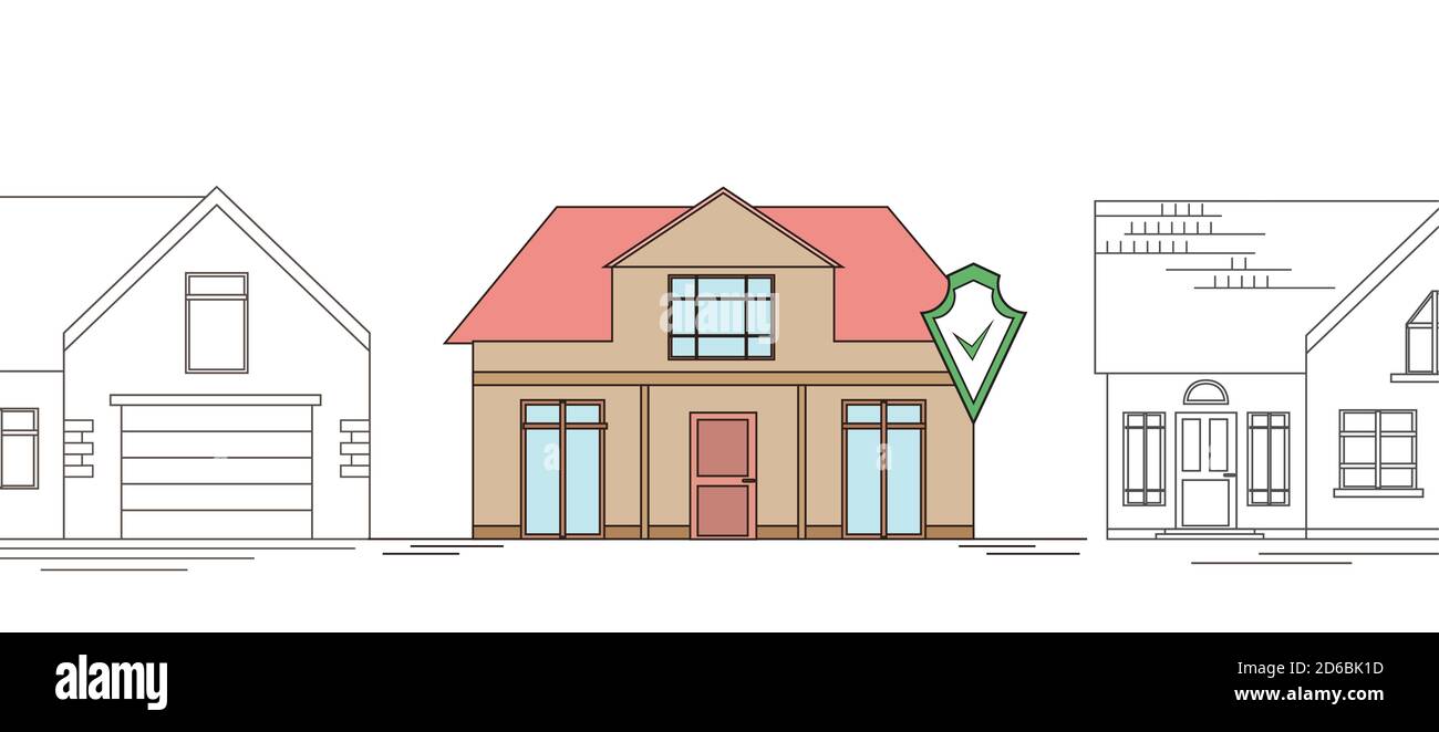 Horizontal outline drawing of a country house with a security shield ...