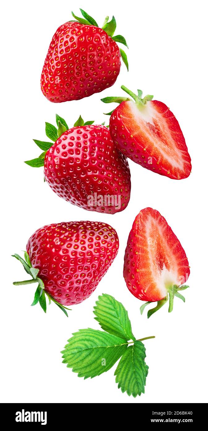 Strawberry with strawberries leaves and slices isolated on a white ...