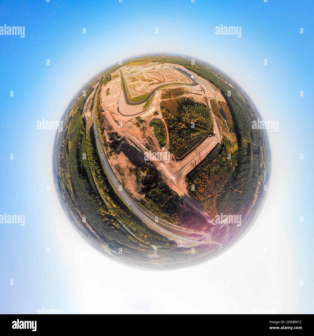 A three dimensional panoramic aerial view of the race track in Finland ...