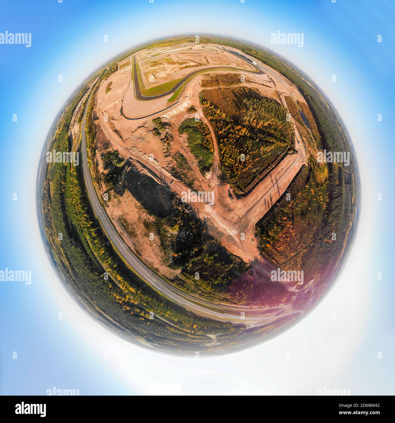 A three dimensional panoramic aerial view of the race track in Finland ...