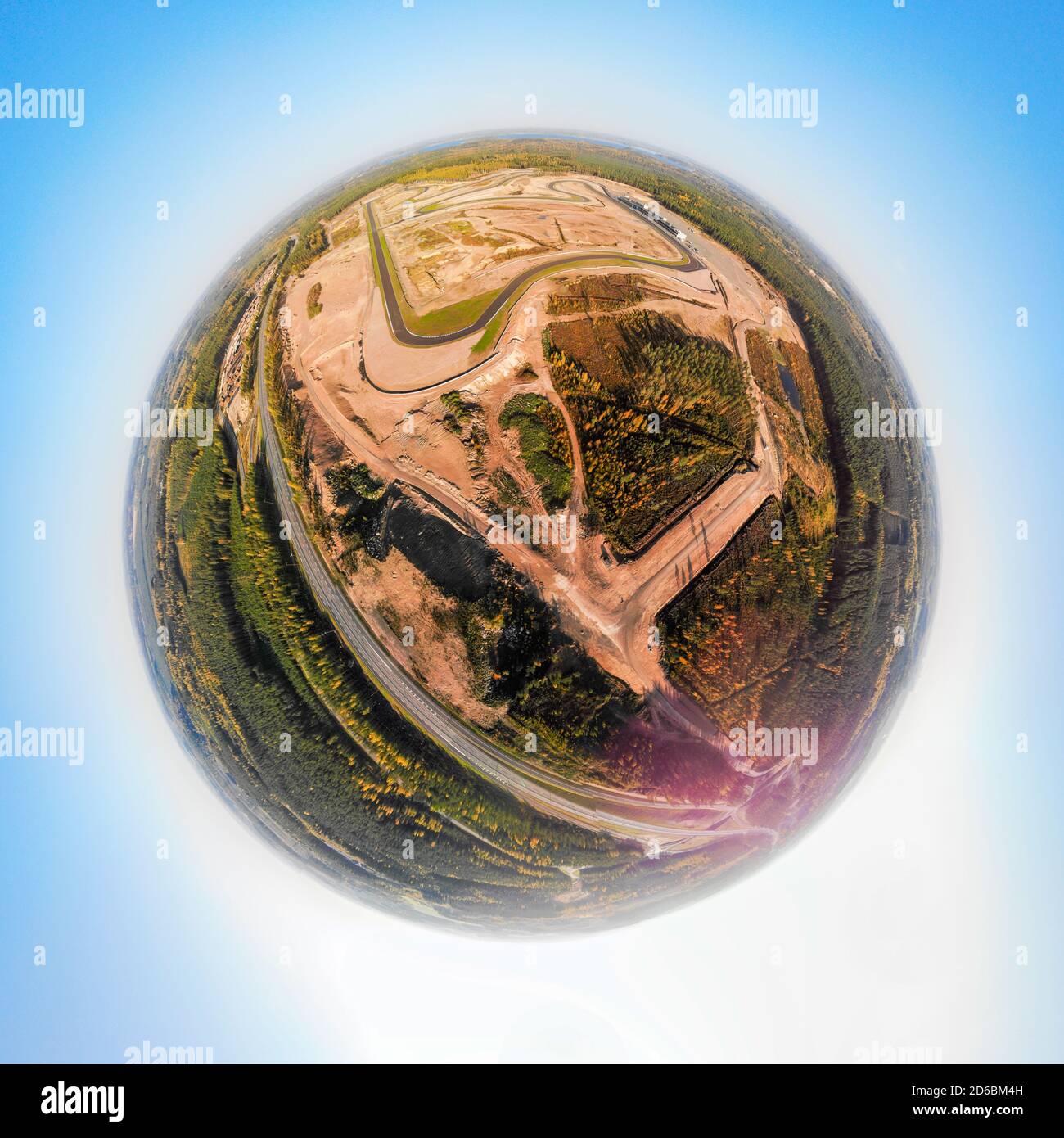 A three dimensional panoramic aerial view of the race track in Finland ...