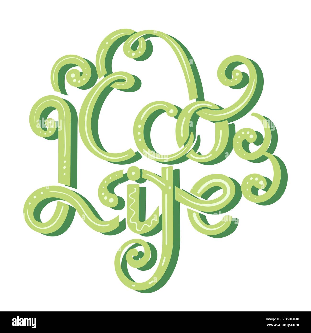 Eco life. Green Ink lettering with curls and decorations. Stylish quote ...
