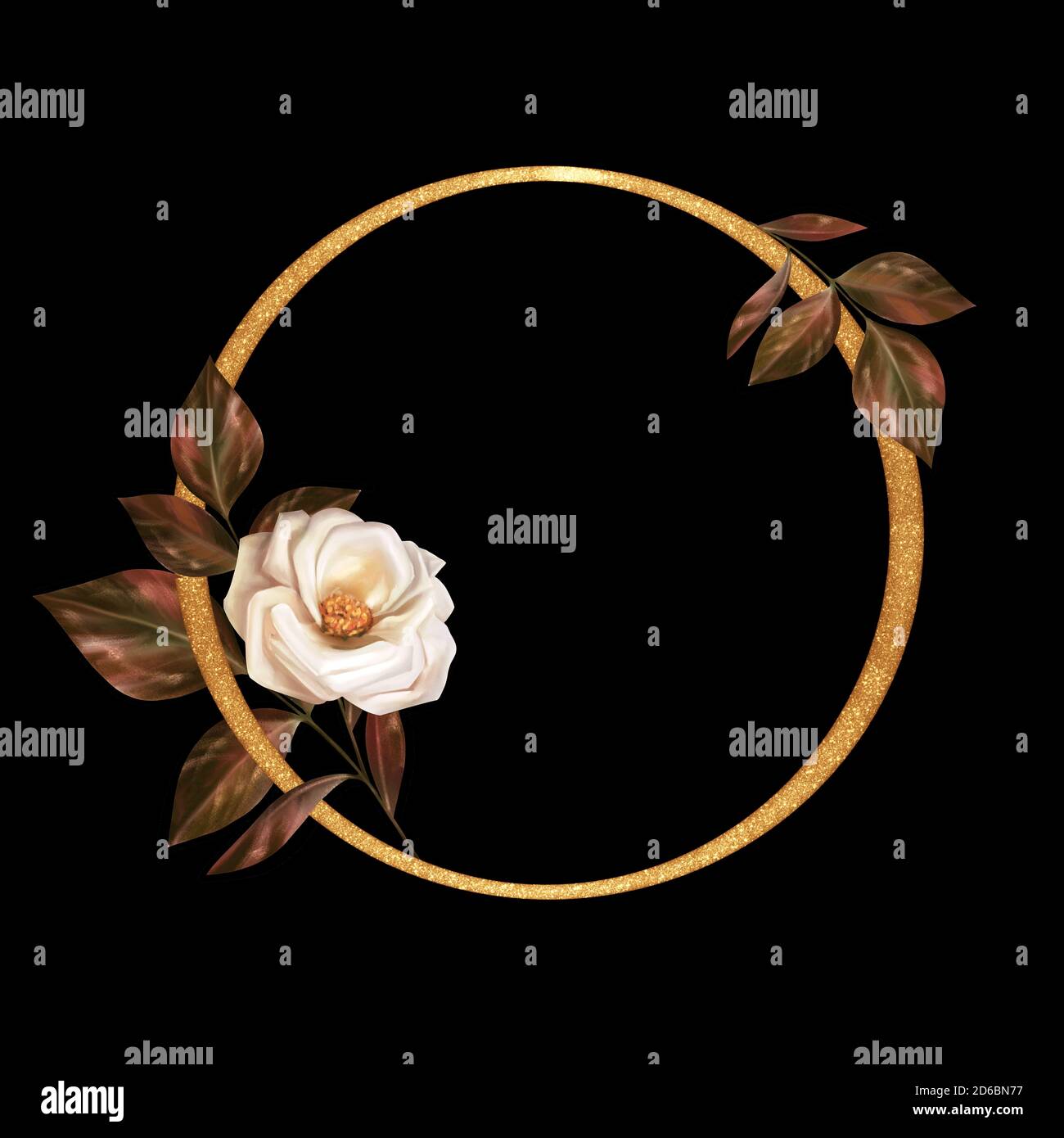 Golden round frame with white rose on black. Floral card Stock Photo ...
