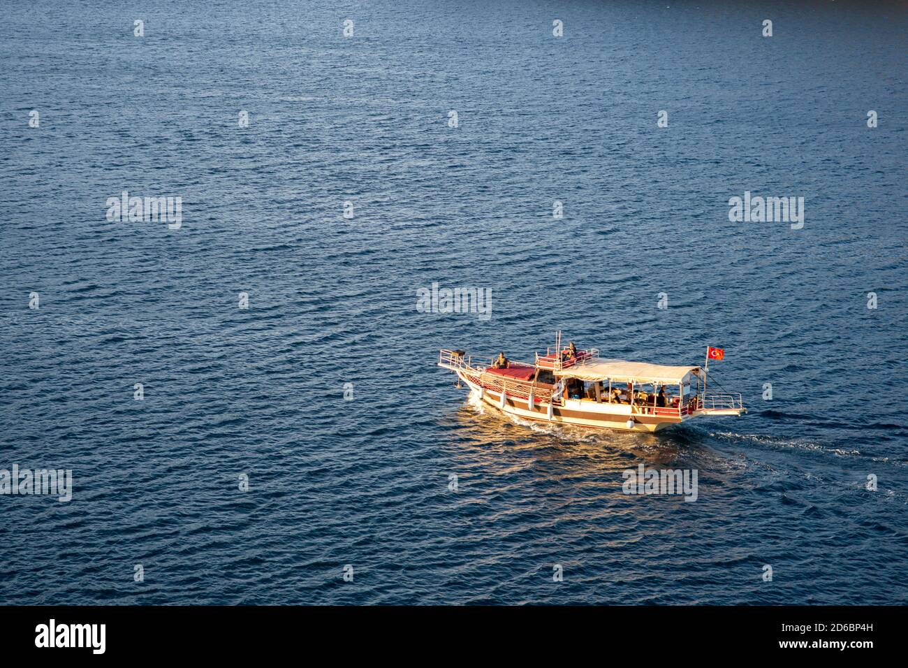 Aerial view small ship on the background of the sea, top view photo of ...