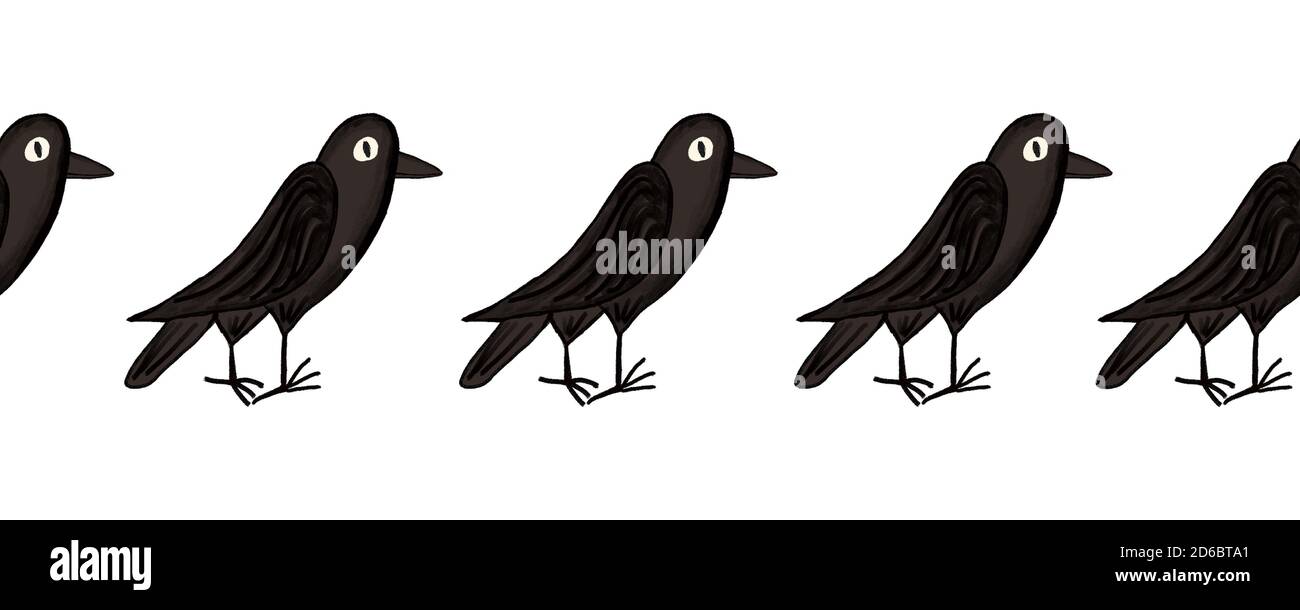 Raven Crow seamless border. Hand drawn Halloween art black crow ...