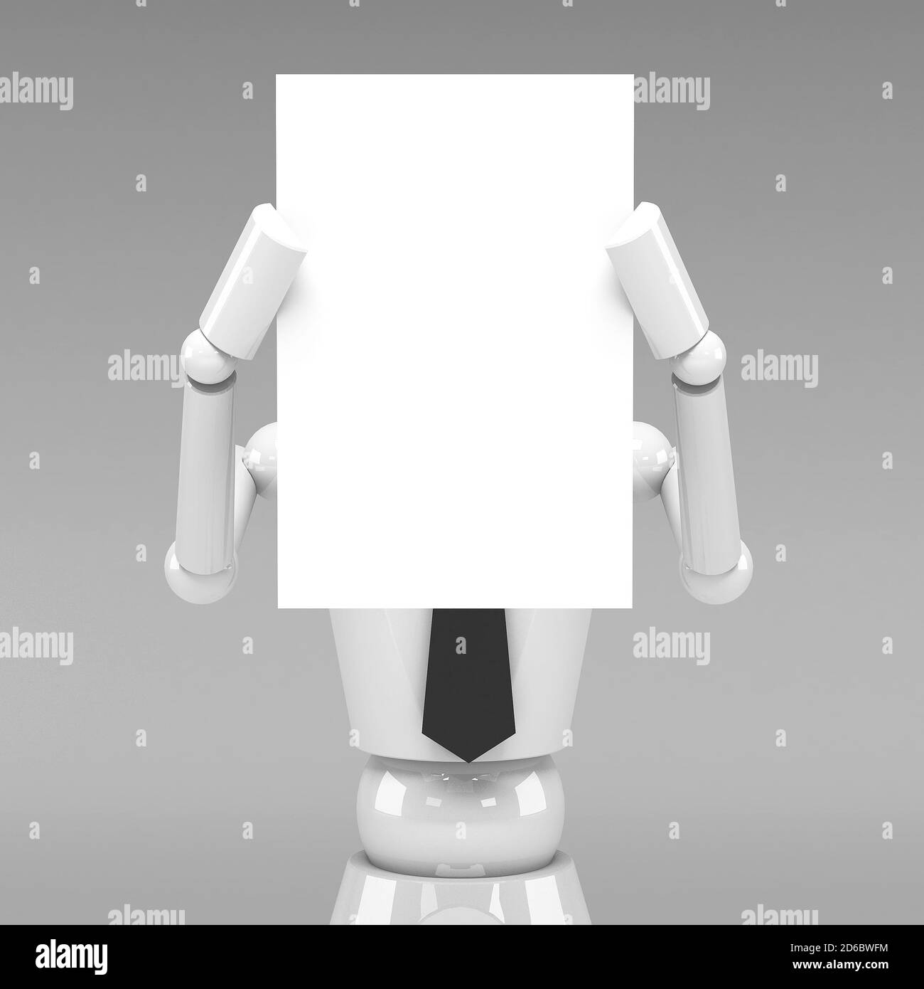 3d Business doll showing a blank paper in front of face Stock Photo - Alamy