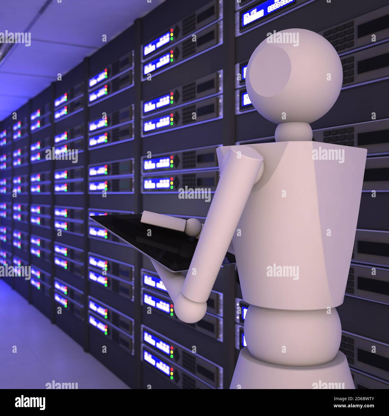 Businessman doll using tablet computer and server room background Stock ...