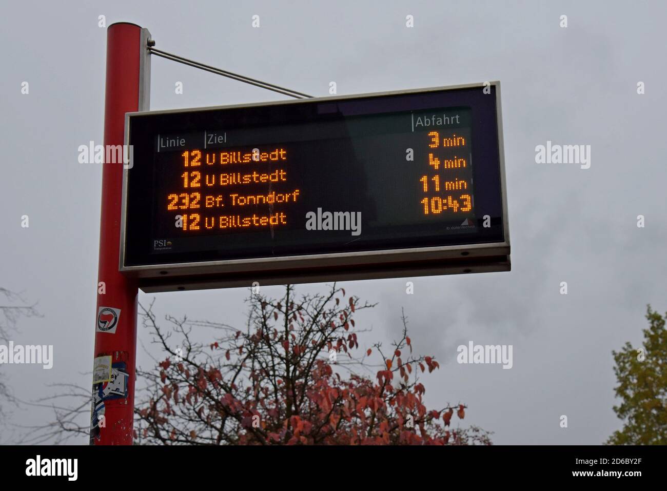 An LED bus departures display outside a metro station in Hamburg ...