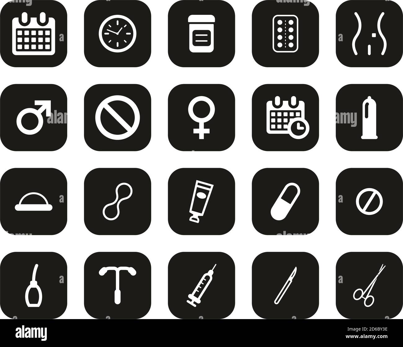 Contraception Methods Icons White On Black Flat Design Set Big Stock ...