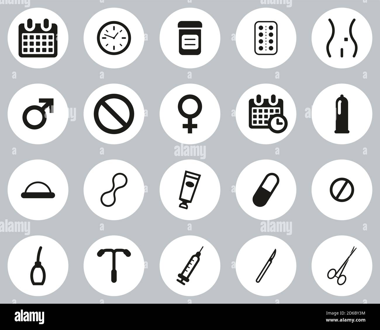 Contraception Methods Icons Black & White Flat Design Circle Set Big ...