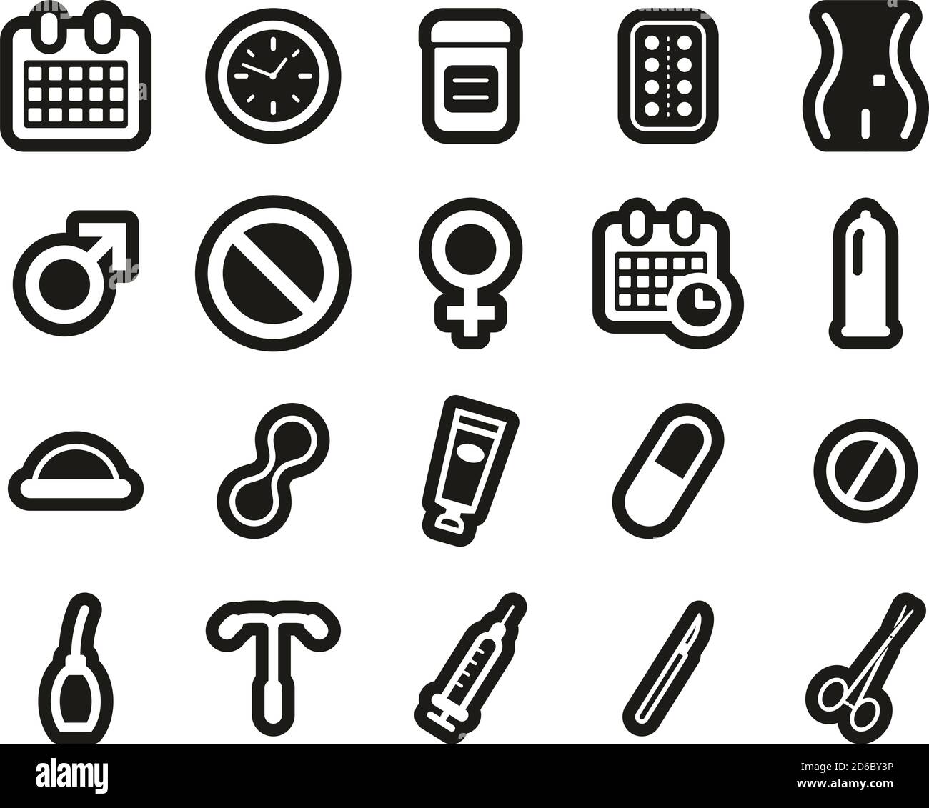 Contraception Methods Icons White On Black Sticker Set Big Stock Vector ...