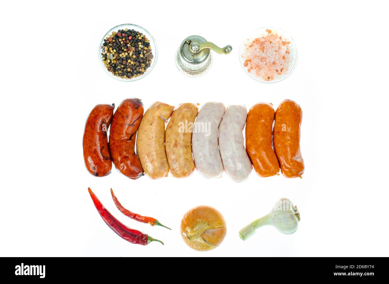Grilled meat sausages with various spices and natural colors Stock ...