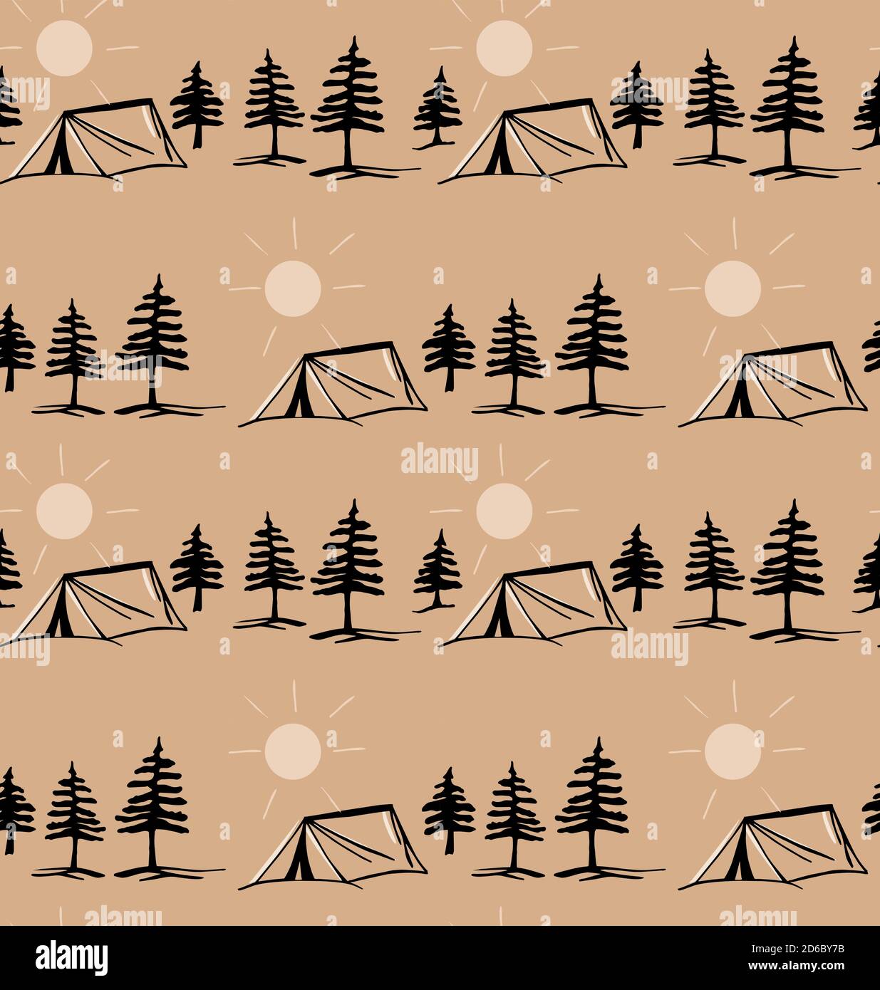 Vector camping. Seamless background with tents, fir trees, the setting ...