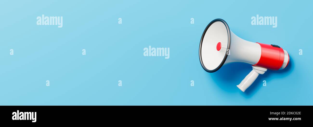 Red Bullhorn on Blue Background Stock Photo - Alamy