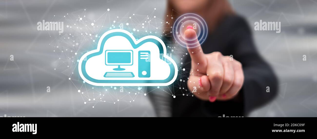 Woman touching a cloud computing concept on a touch screen with her ...
