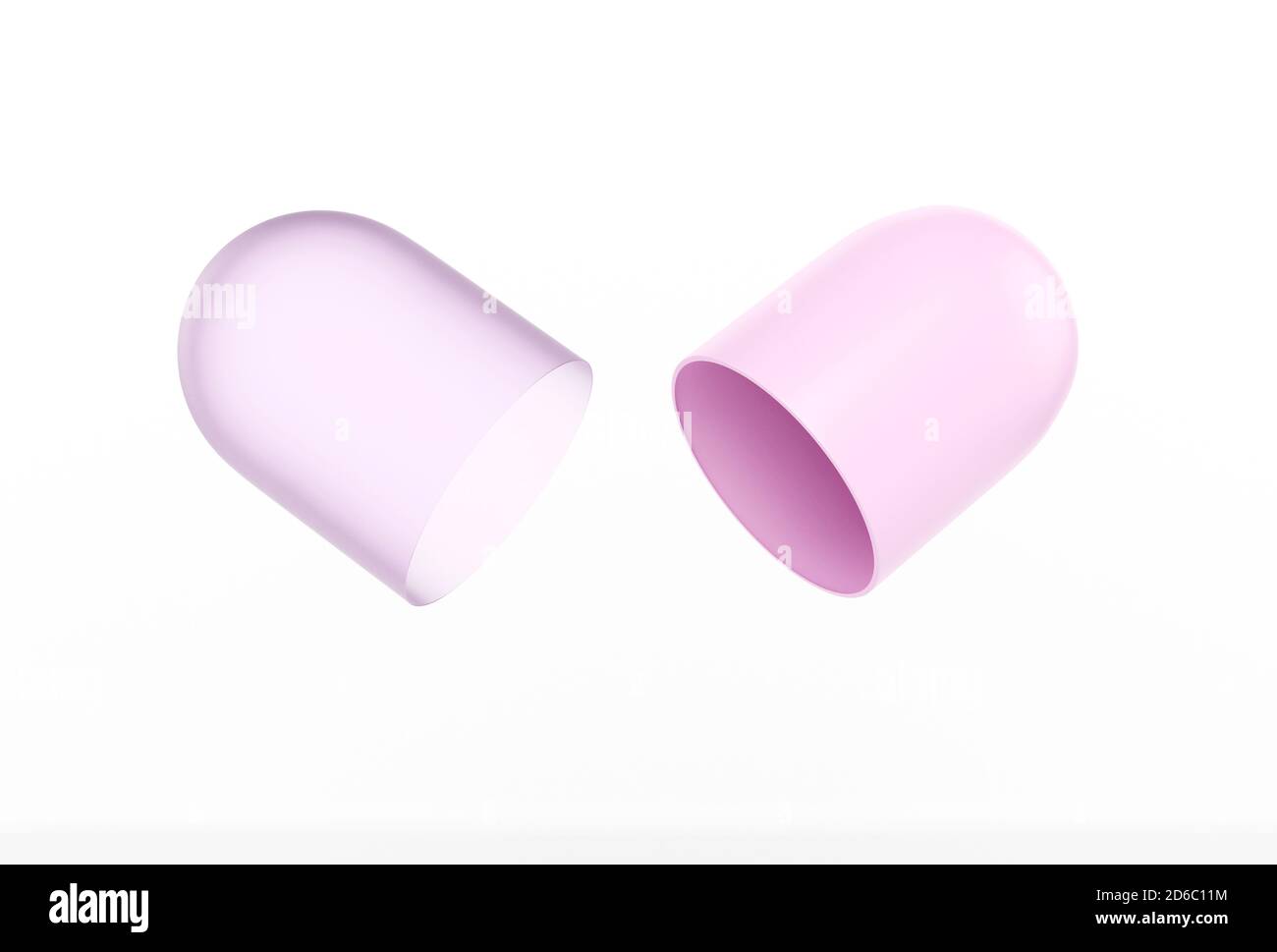 Opened capsule of a pill of pink color on a white background. Design ...