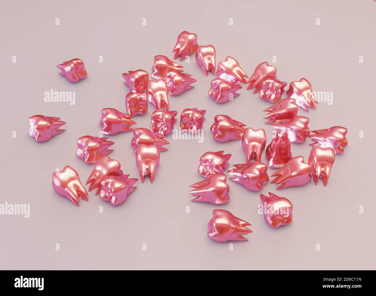 Unusual red molar teeth are scattered on a plane. 3d illustration Stock ...