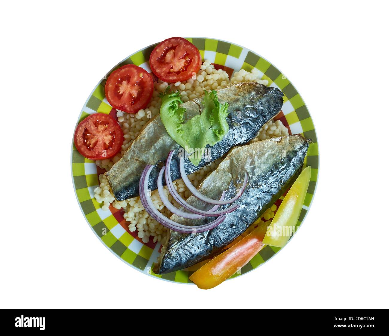 Israeli Fried mackerel fish with Ptitim close up Mediterranean cuisine ...