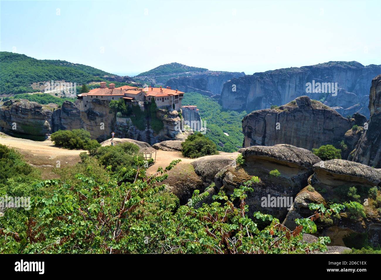 Meteora Land in the Sky: Great ancient city of Meteora in Greece. Trees ...
