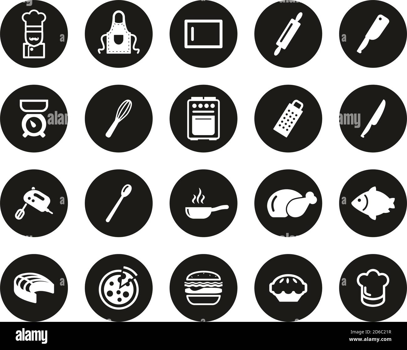 Cooking Or Chef White On Black Flat Design Circle Set Big Stock Vector ...