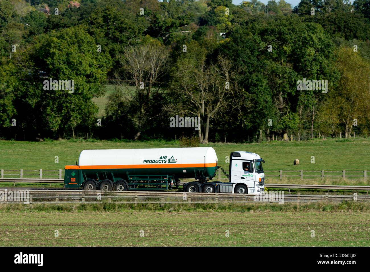 Air Products tanker lorry on the M40 motorway, Warwickshire, UK Stock ...