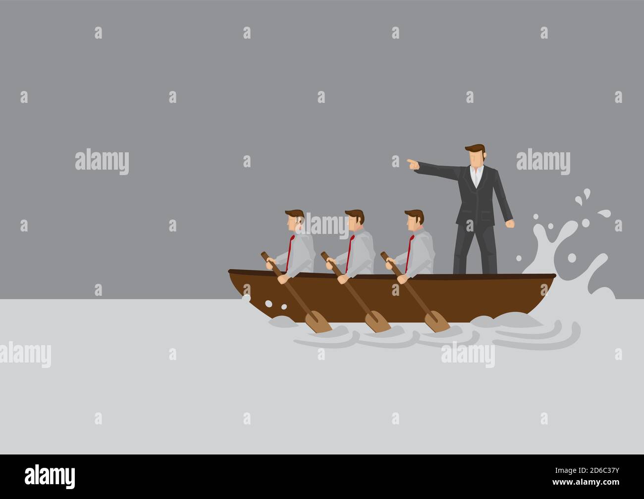 Businessman points forward and gives direction to employee rowing the ...