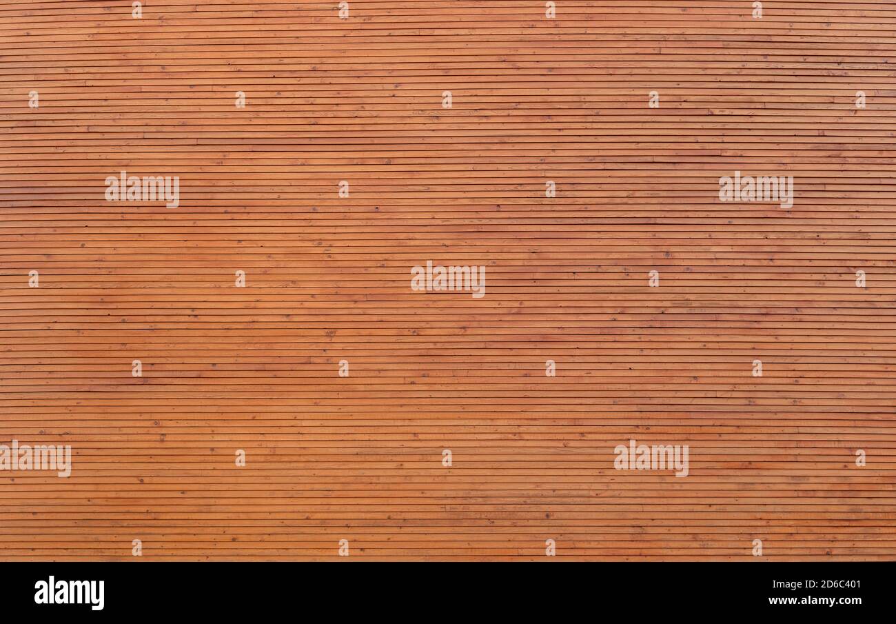 New and clean wall made of spruce tree's wood boards, viewed from the ...