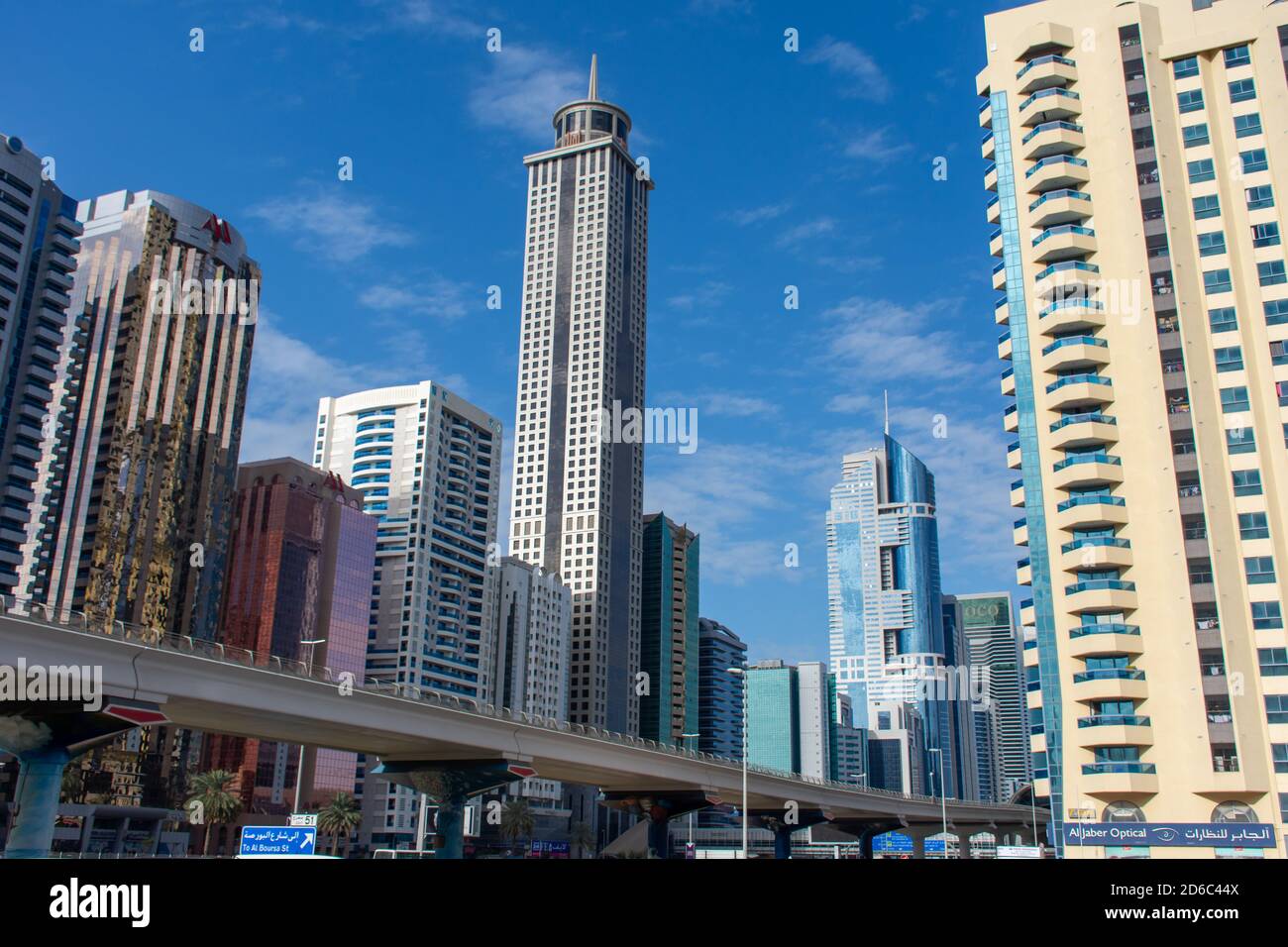 "Dubai, Dubai, UAE - 1/25/2020: Emirates Road skyscrapers lined up in ...
