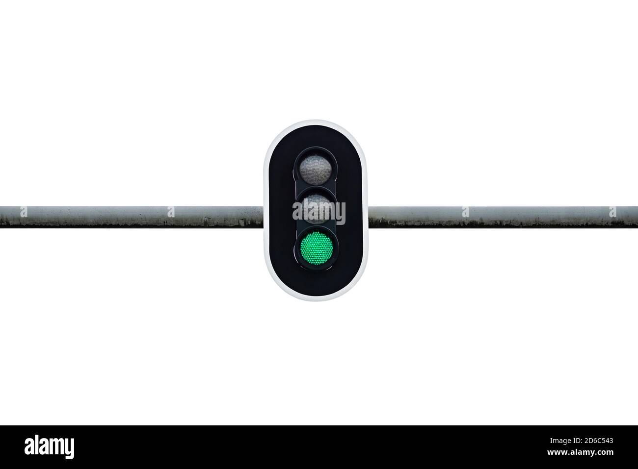 Traffic light showing green color, mounted above the road on a metal ...