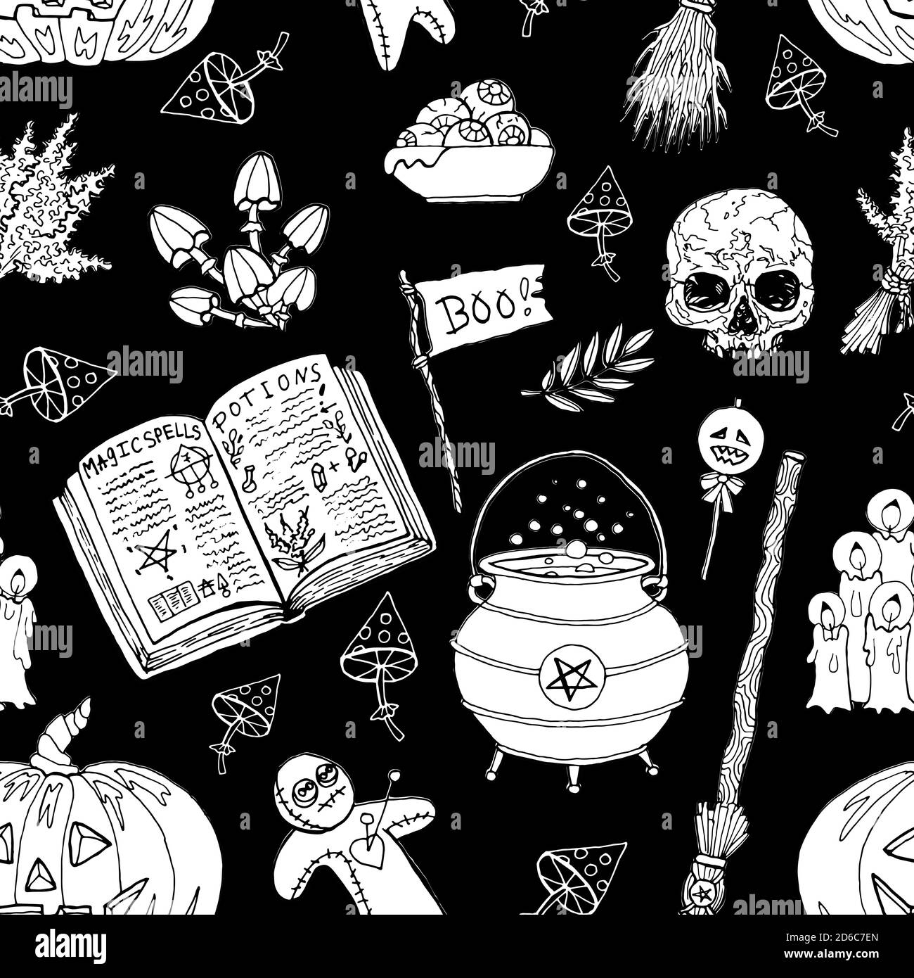 Seamless pattern with skull, witch cauldron, mushrooms, voodoo doll and ...