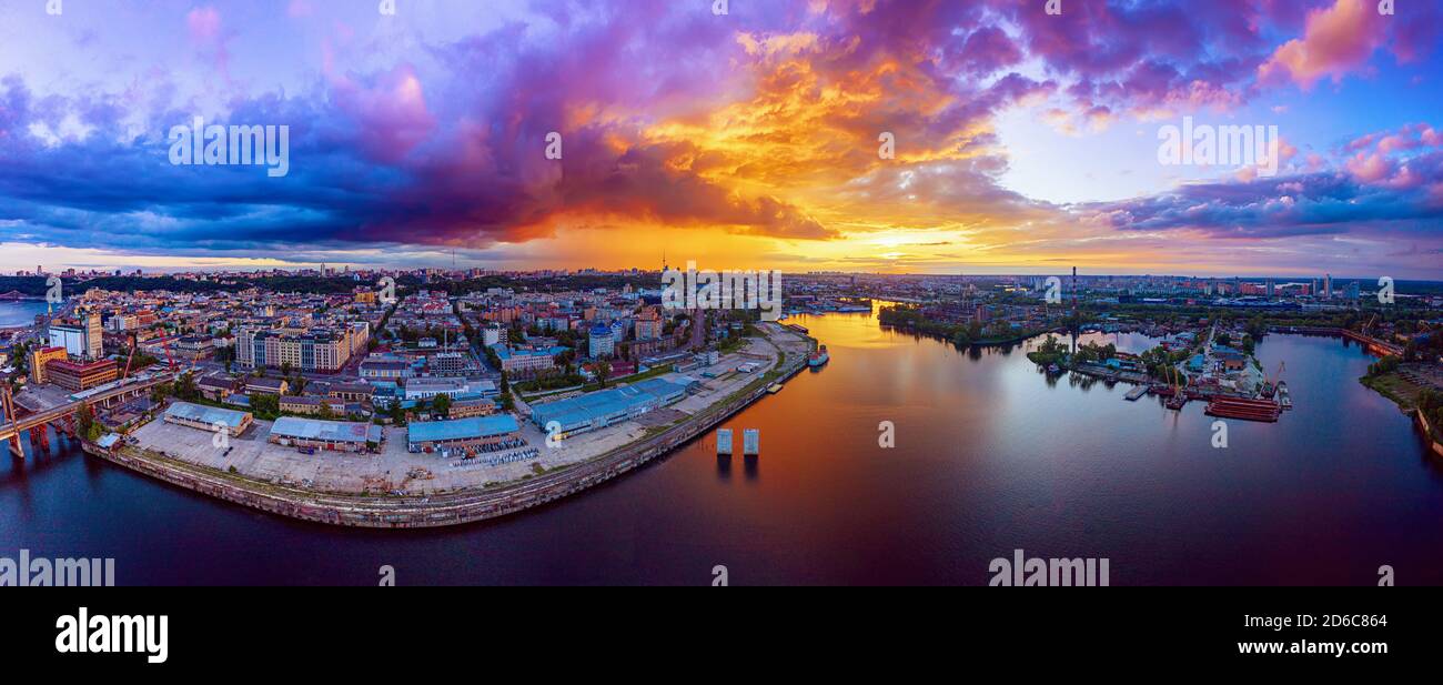 Dramatic colorful sunset over Dnipro river in Kiev, Ukraine, travel ...