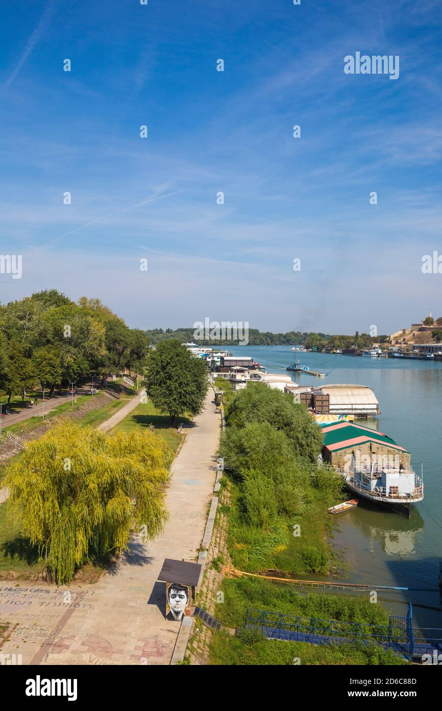 Serbia, Belgrade, View of floating bars and nightclubs on Sava River ...