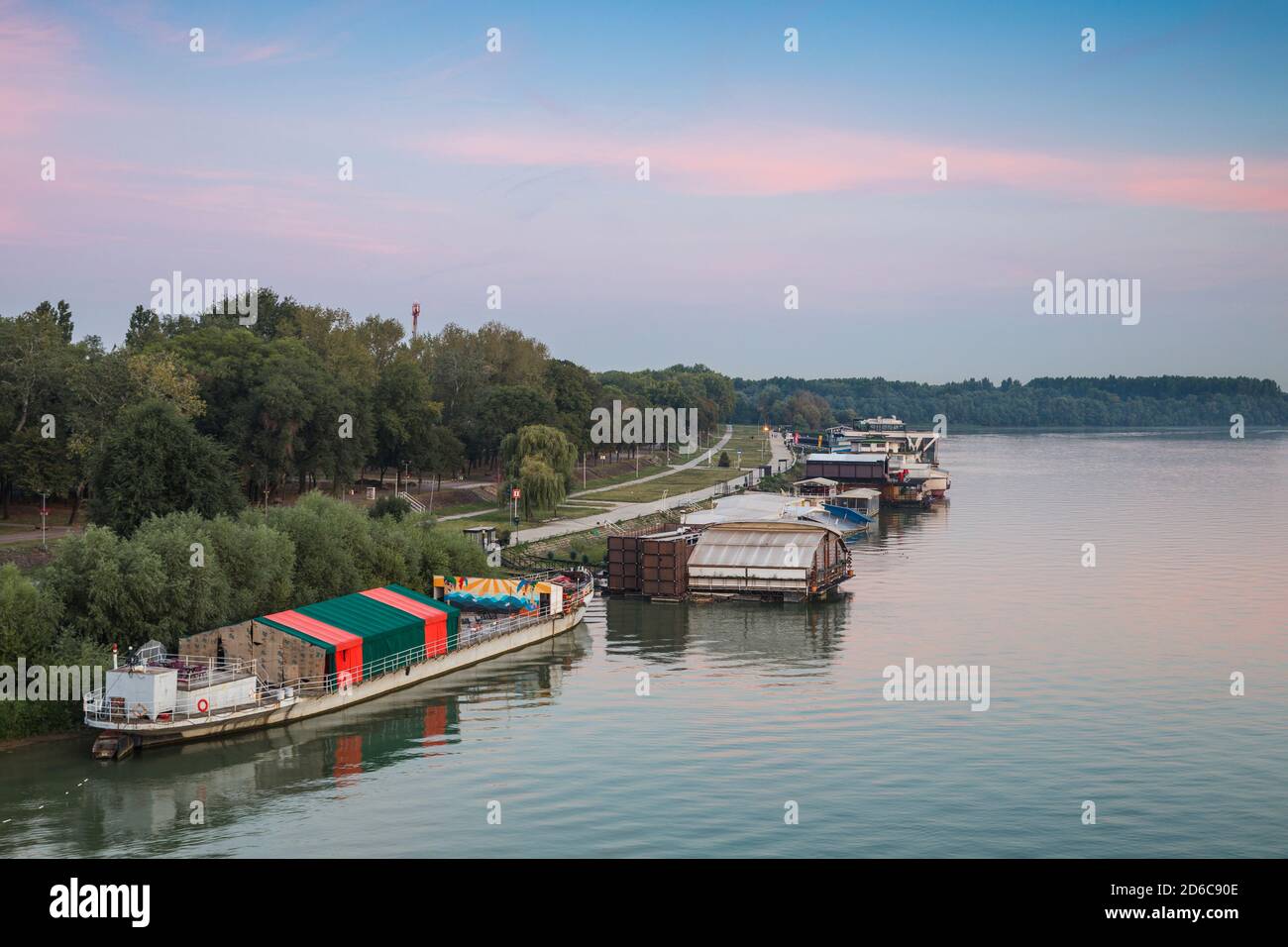 Serbia, Belgrade, View of Splavovi floating bars and nightclubs on Sava ...