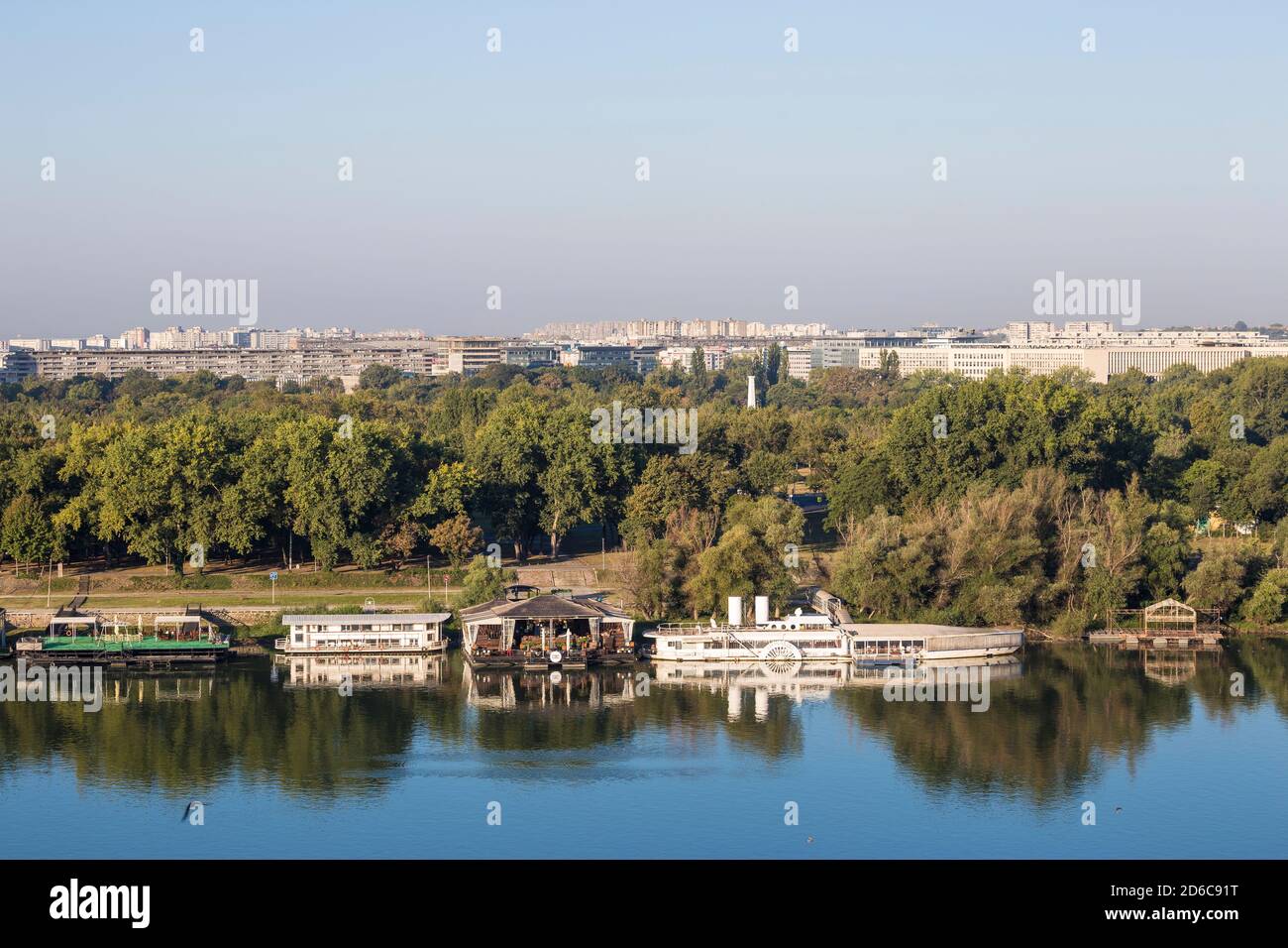 Serbia, Belgrade, View of floating bars and nightclubs on Sava River ...