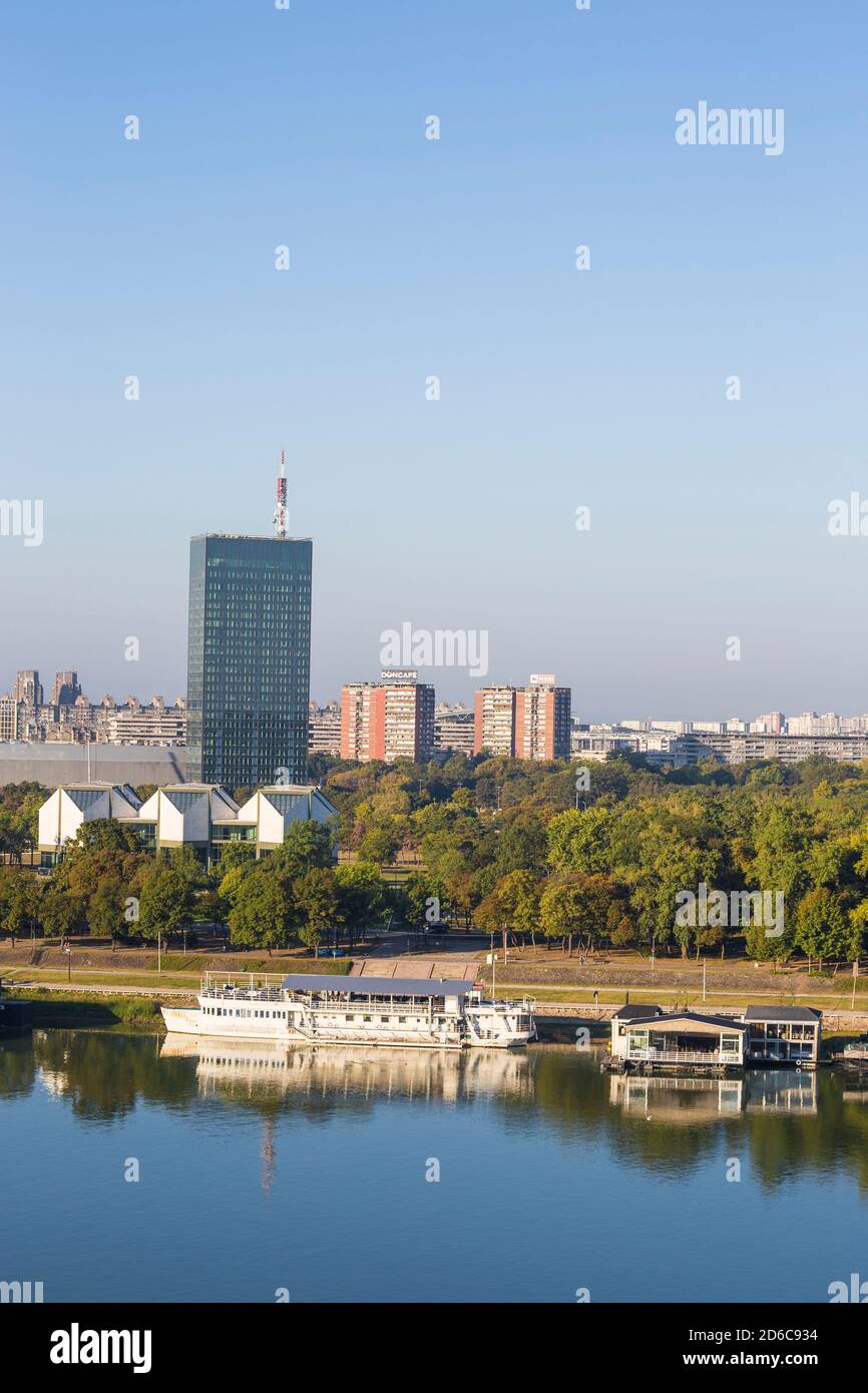 Serbia, Belgrade, View of floating bars and nightclubs on Sava River ...