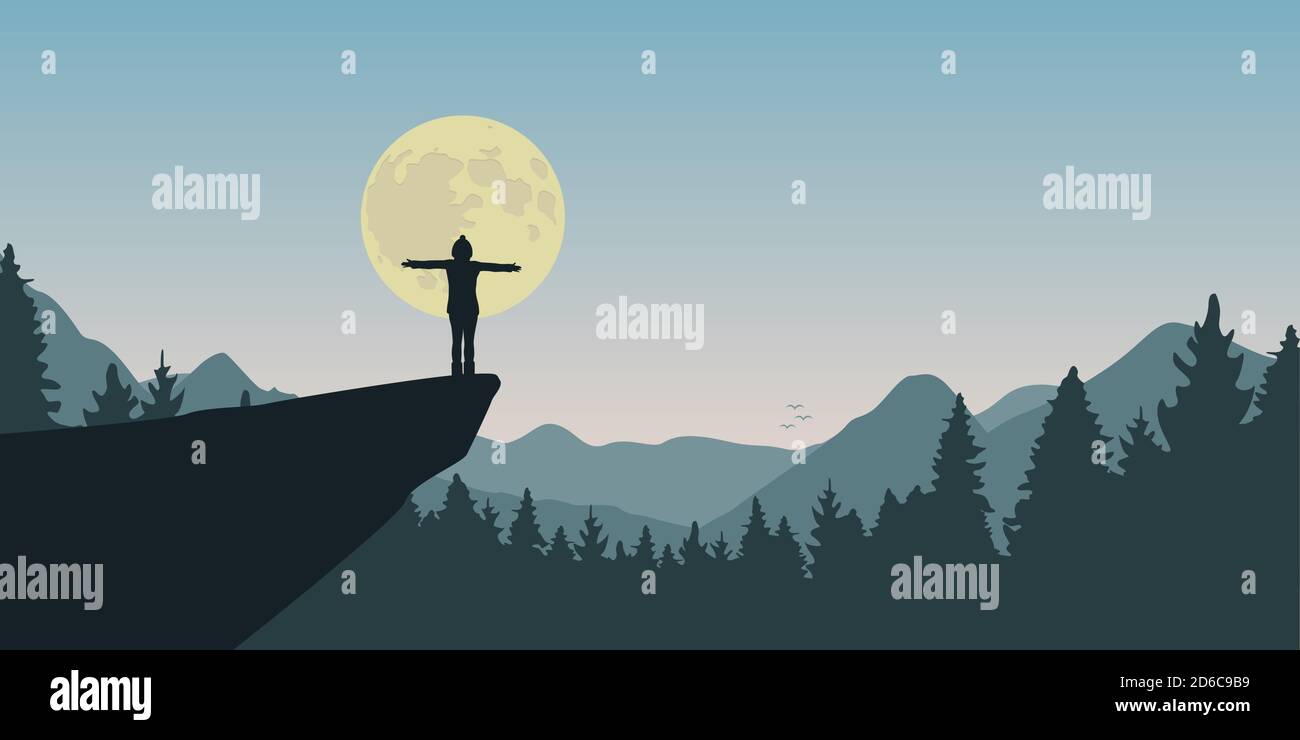 lonely girl on a cliff looks to the full moon at nature landscape ...