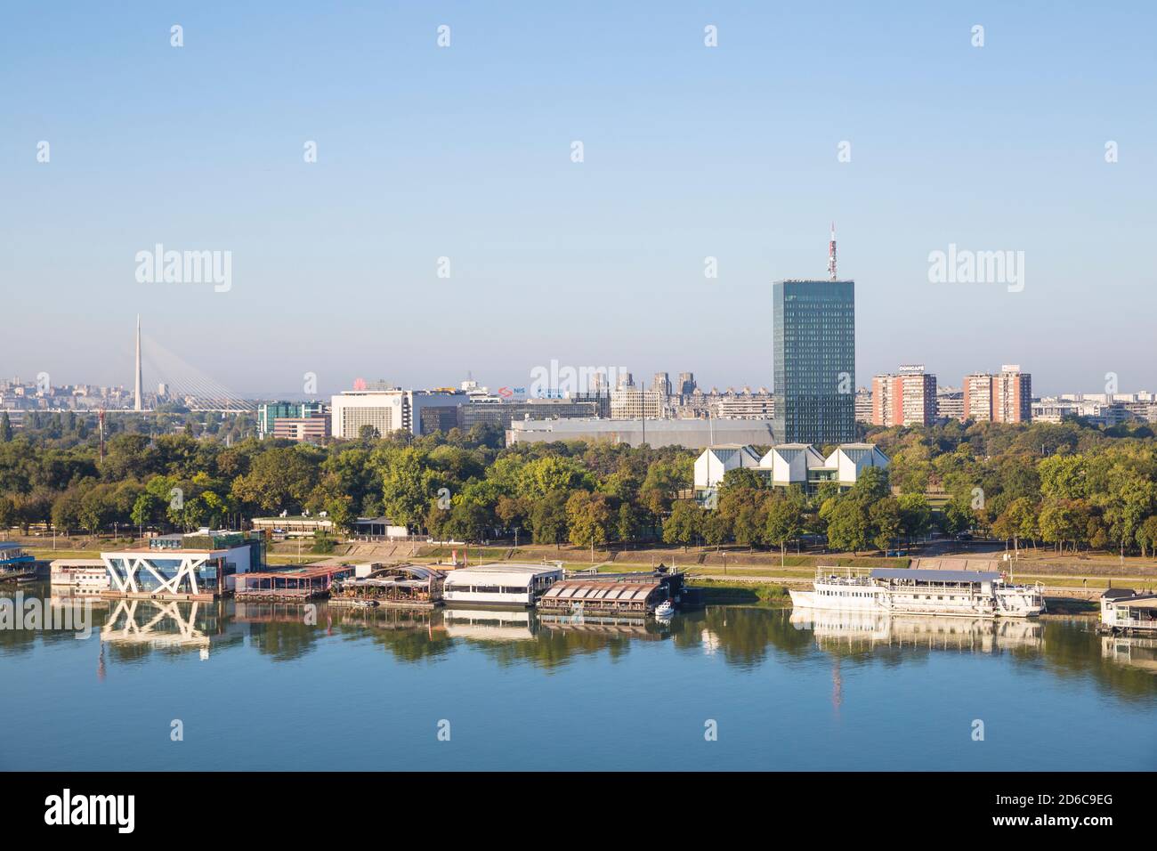 Serbia, Belgrade, View of floating bars and nightclubs on Sava River ...