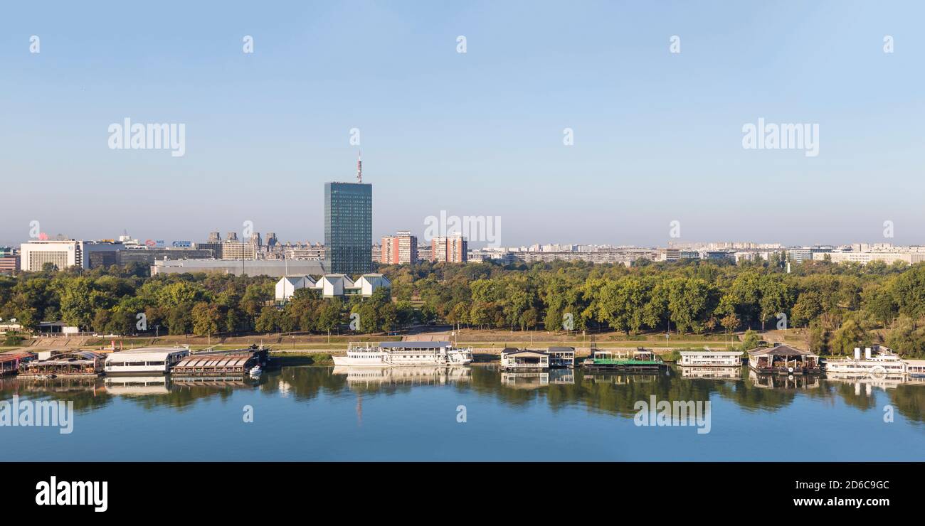Serbia, Belgrade, View of floating bars and nightclubs on Sava River ...