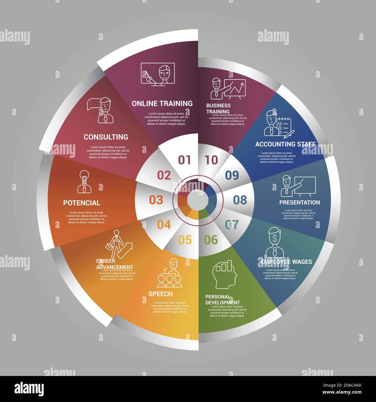 Infographic Business Training template. Icons in different colors ...