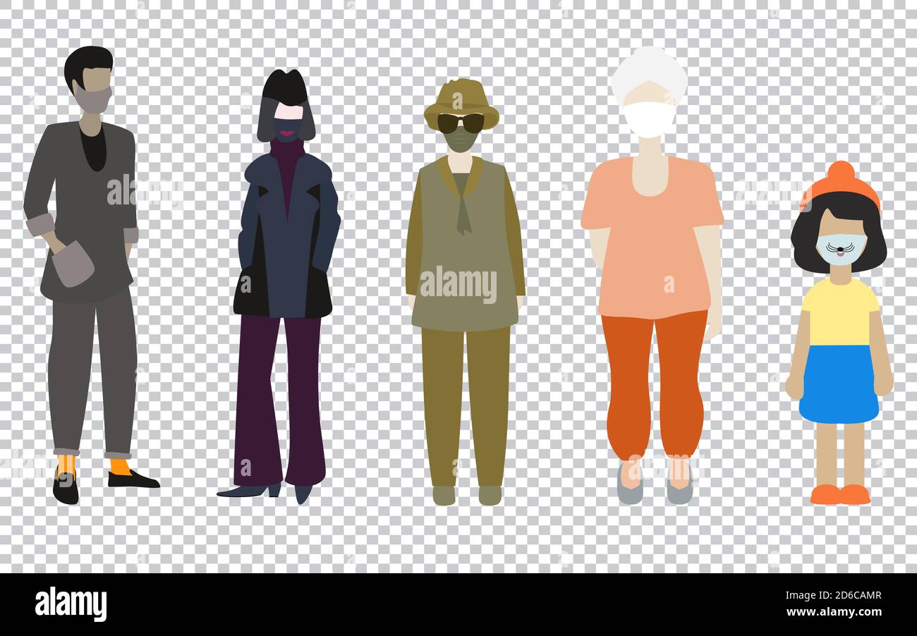 People wearing protection face masks. Isolated on transparent ...